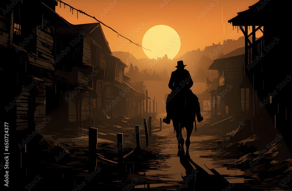 Western motif illustration. A lone rider riding his horse through an ...