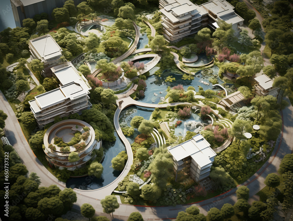 The view from the top of the architectural model of the urban park and ...