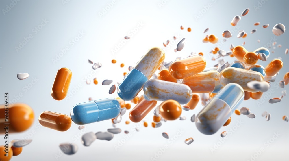 Pharmaceutical-themed background featuring tablets and capsules ...