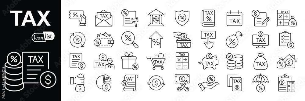 Tax icon set. Interest rate, tax return, vat, tariff, personal tax ...