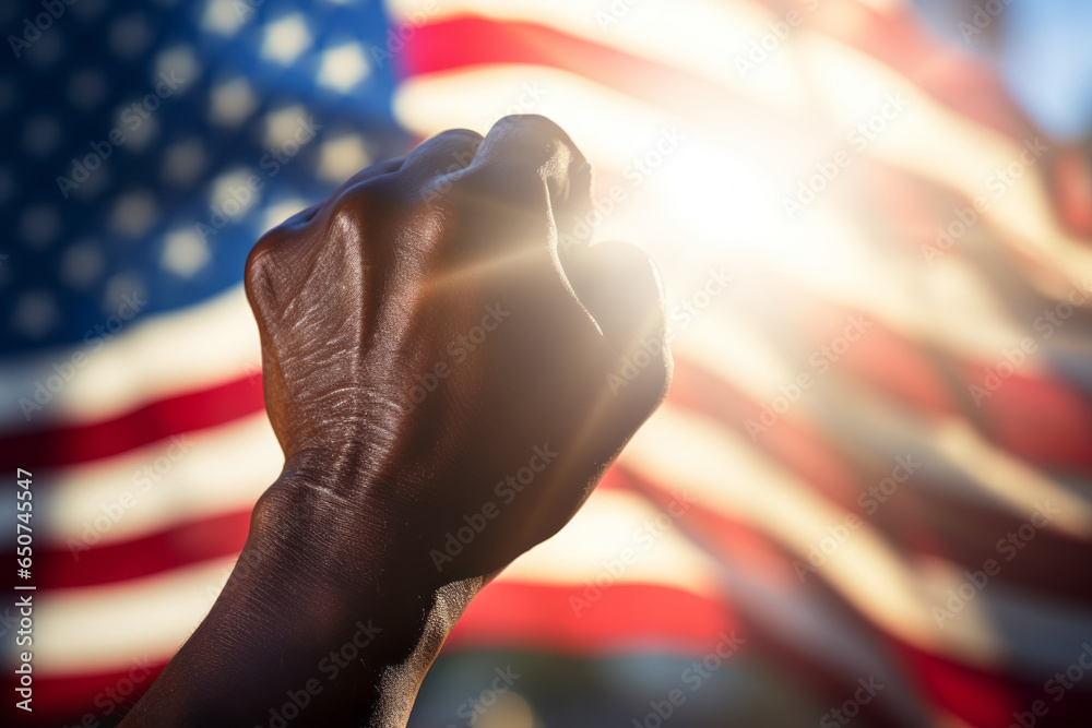 Raised fist of African American people in front of USA flag, symbolic ...