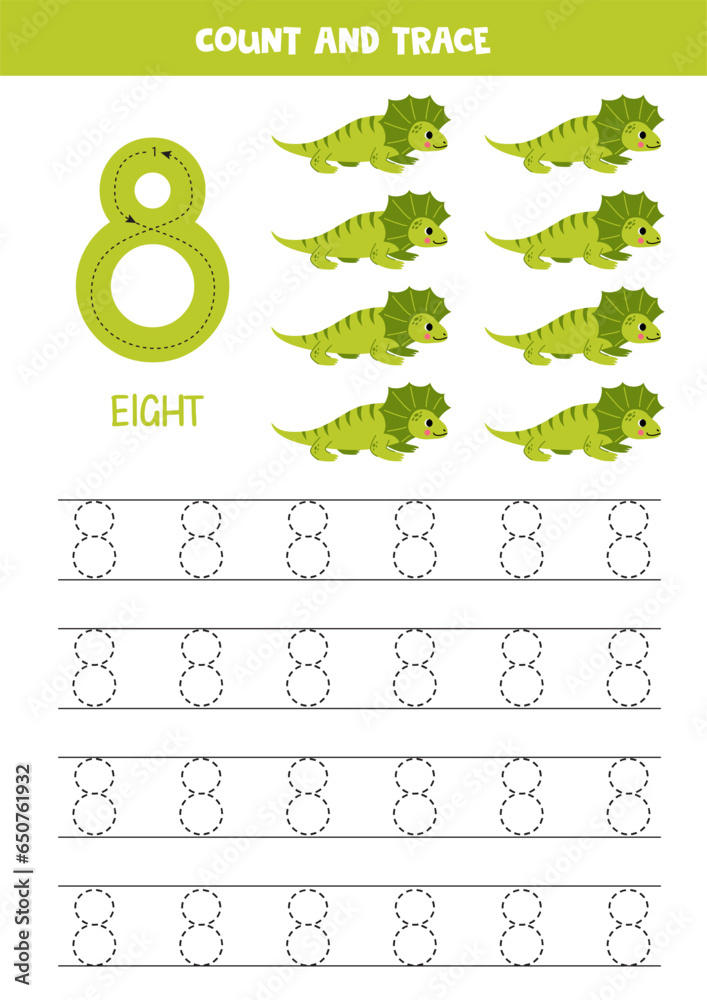 Numbers tracing practice. Writing number eight. Cute cartoon frilled ...