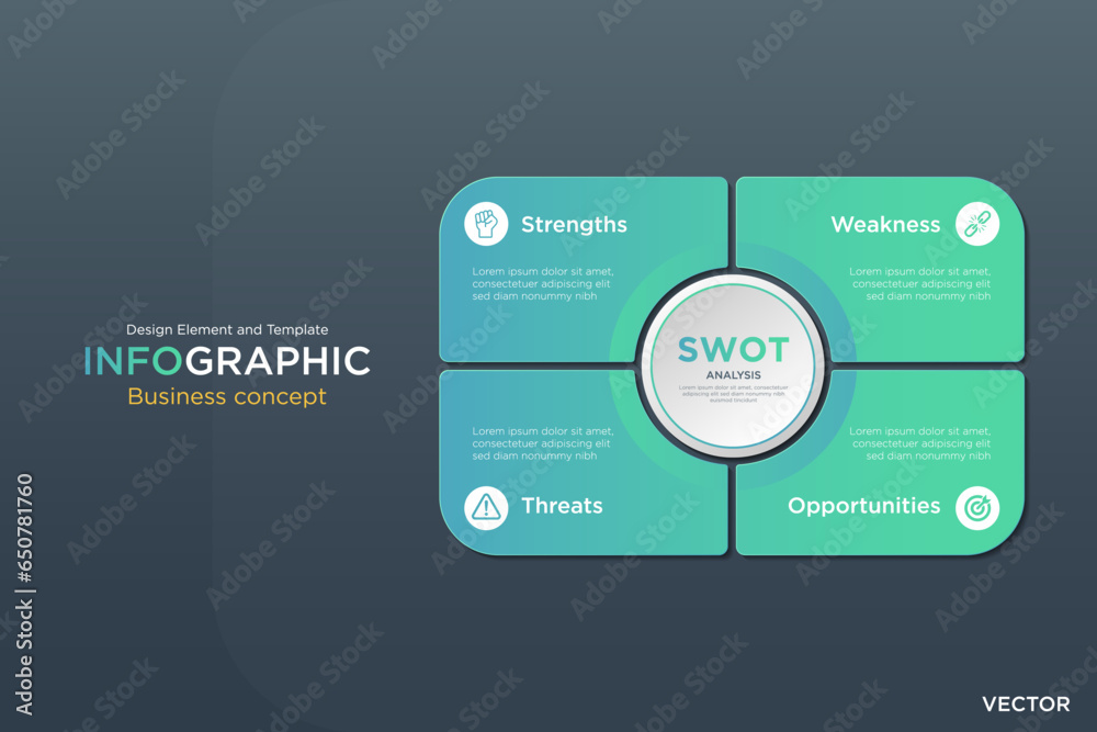 infographic business concept. Rectangular Text Box SWOT Subject 4 Option Design Element and ...