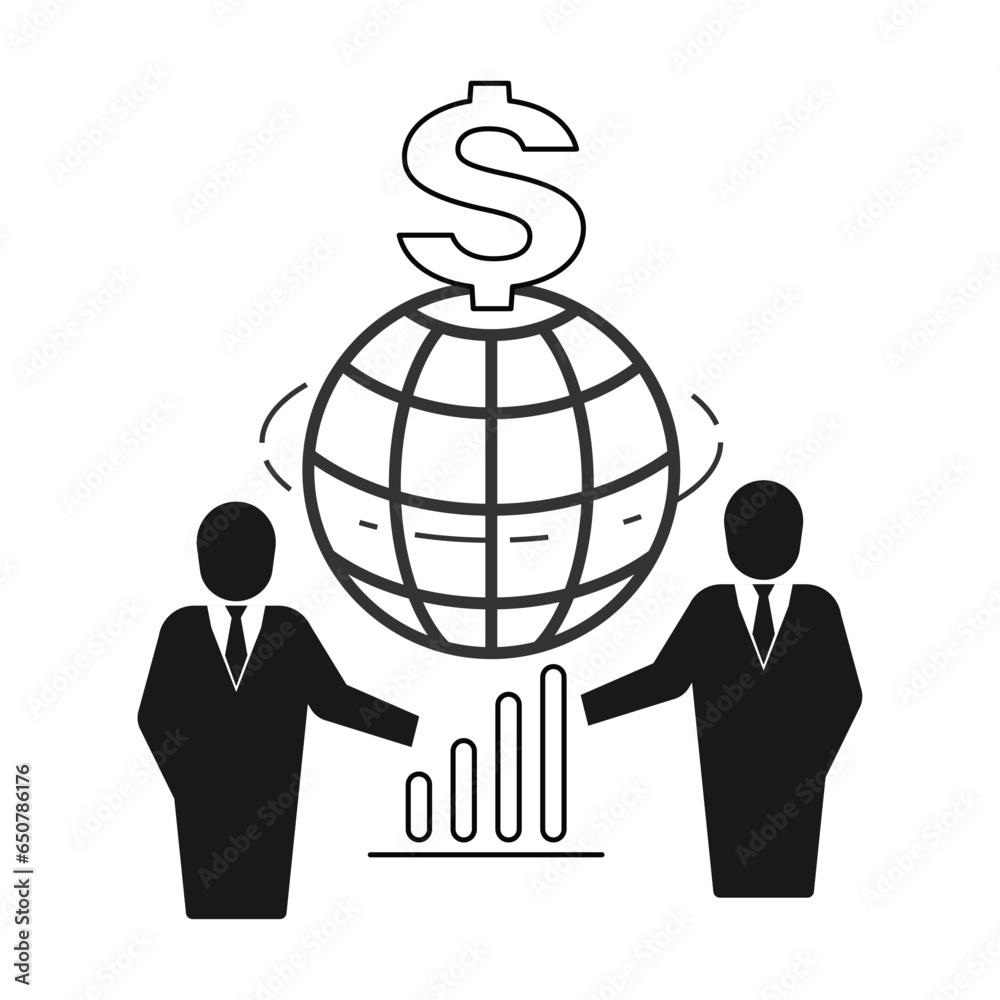 Businessman present progressive bar chart with world and dollar icon ...