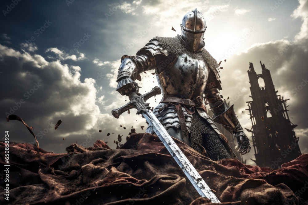 Knight in shining armor, raising a sword Stock Photo | Adobe Stock