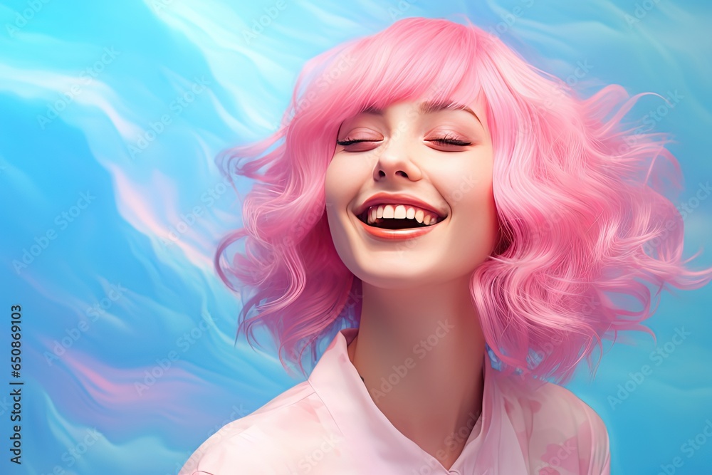 smiling pretty woman pink short hair wearing white T-shirt, idea for ...