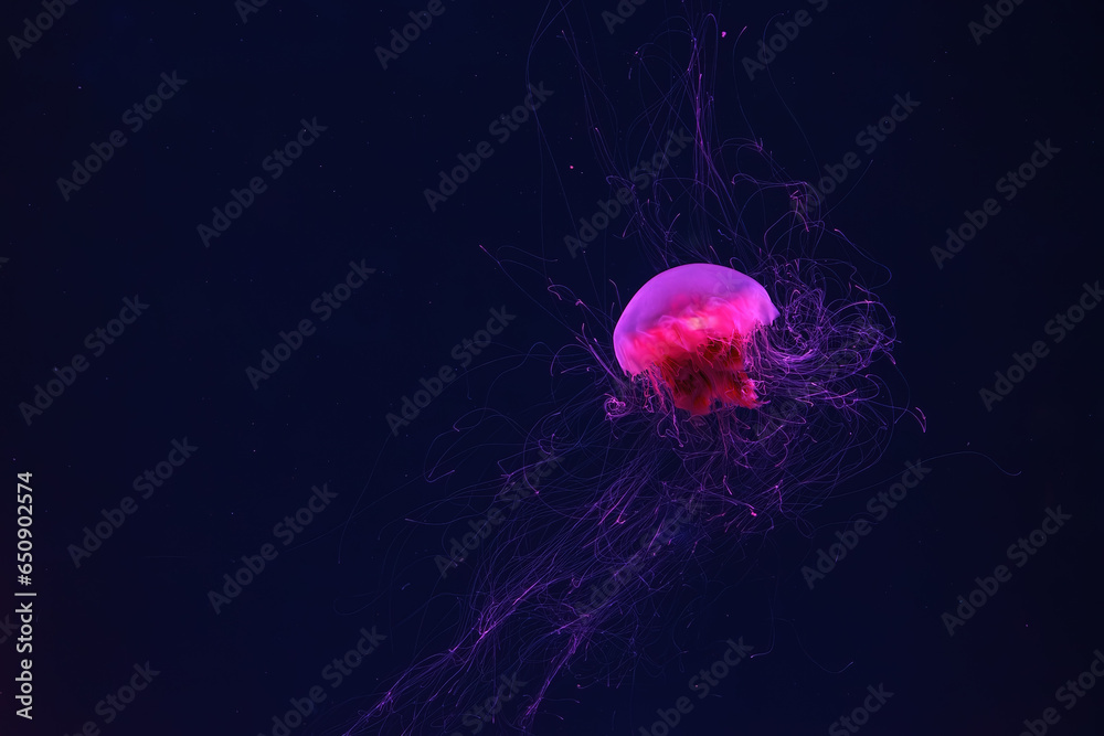 Fluorescent jellyfish swimming underwater aquarium pool with red neon ...