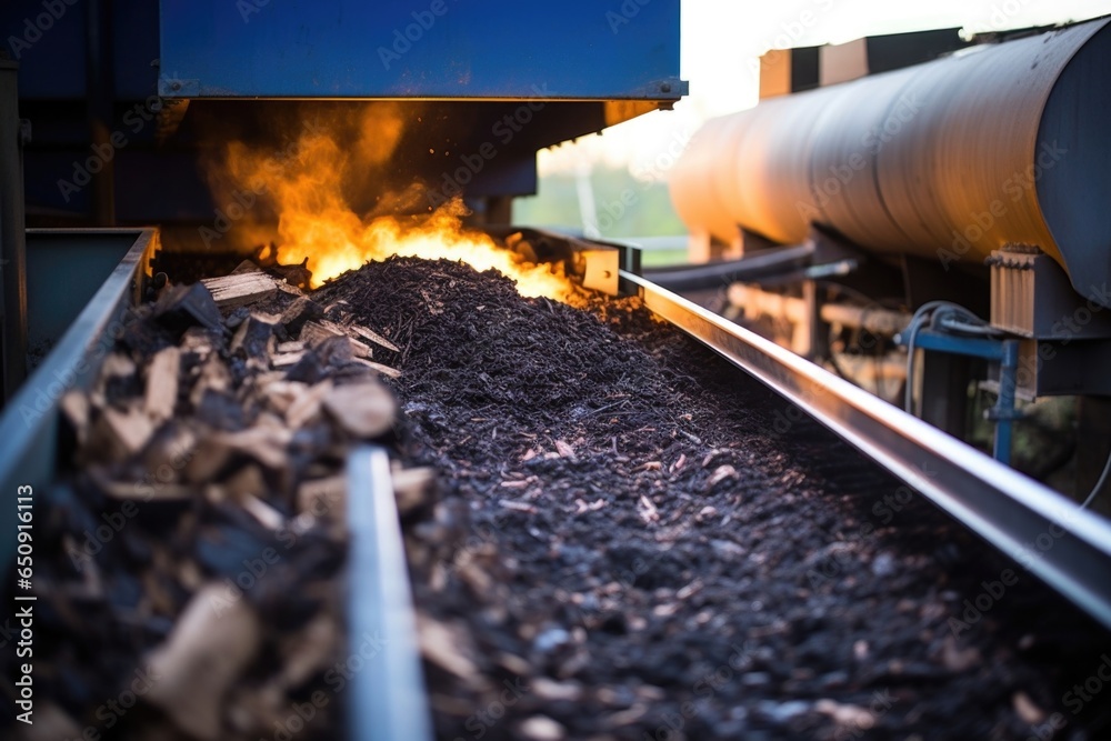 Indepth image of a conveyor belt system carrying woody biomass towards ...