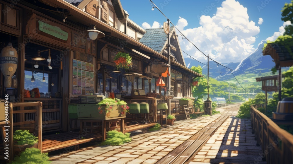 a beautiful japanese village city town in the morning. railway station ...