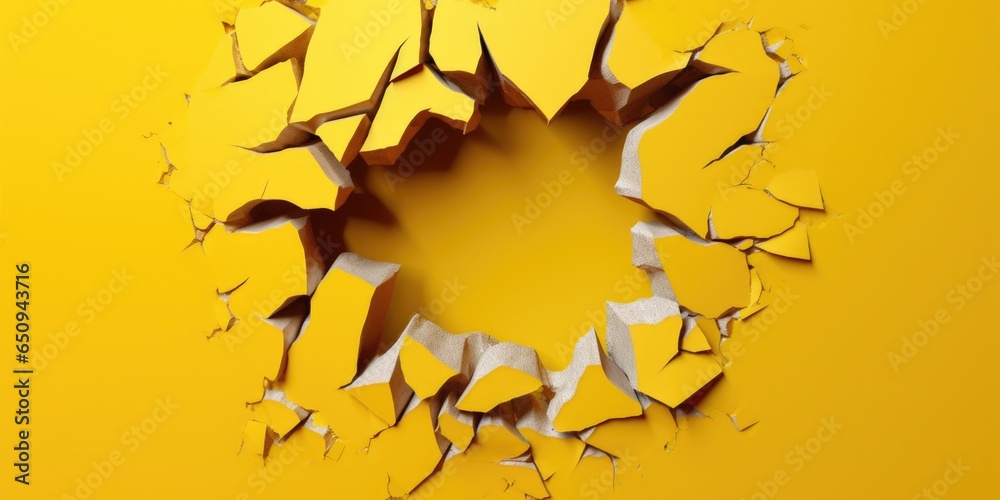 Breaking out of a hole in solid Yellow wall, torn hole, empty copy ...