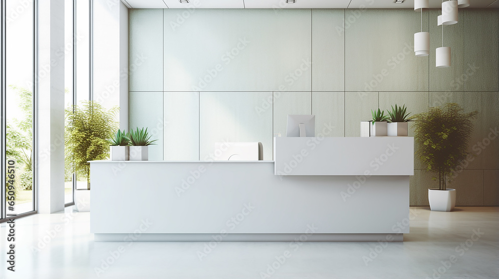 Minimalist hospital reception counter area in white style and with a ...