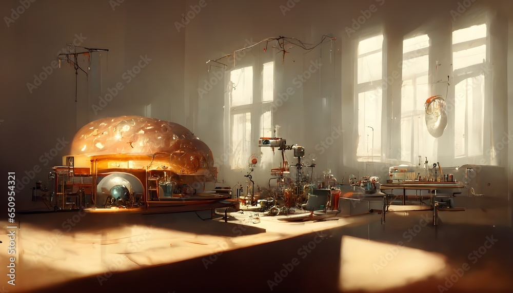 Ilustración de Stock Scientific laboratory a hamburger lying on the ...