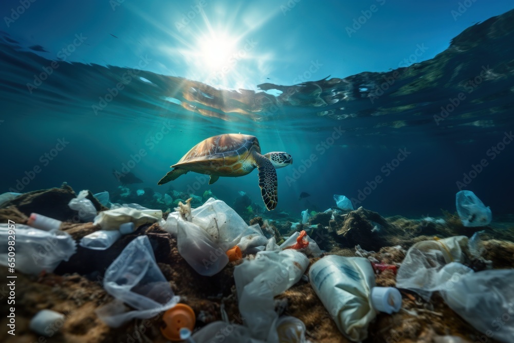 sea turtle swims dirty water, ocean polluted with household garbage ...