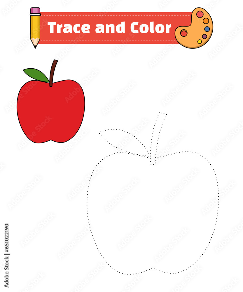 Apple. Trace and color for children, coloring page or book, apple ...
