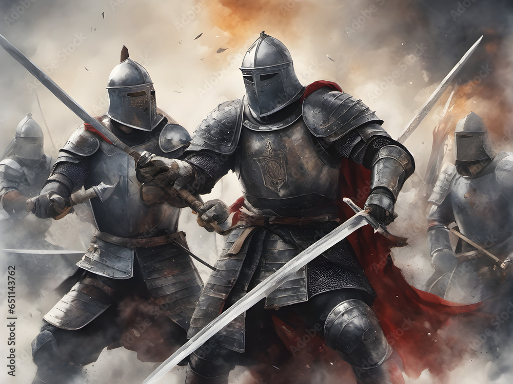 Epic battlefield. two medieval knights in armor fighting with swords. army of the dark ages. war ...