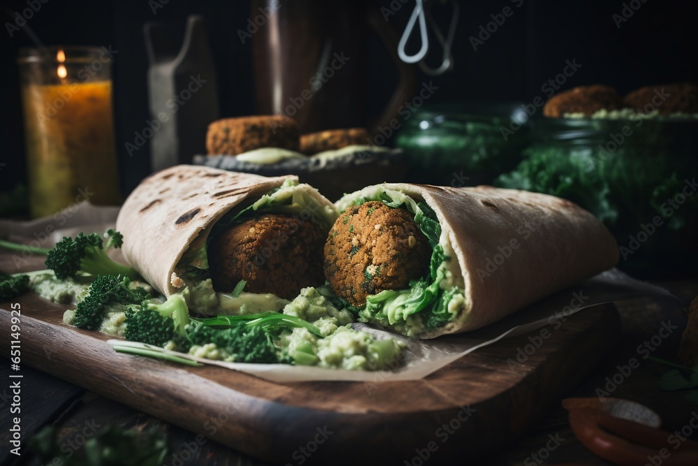 Falafel wrap in gluten free flatbread. Vegan version. Manu recipe, copy ...