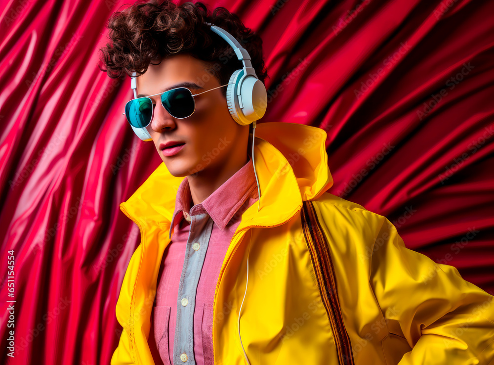 Young man in 90s style clothing wearing a headset looking stylish and ...