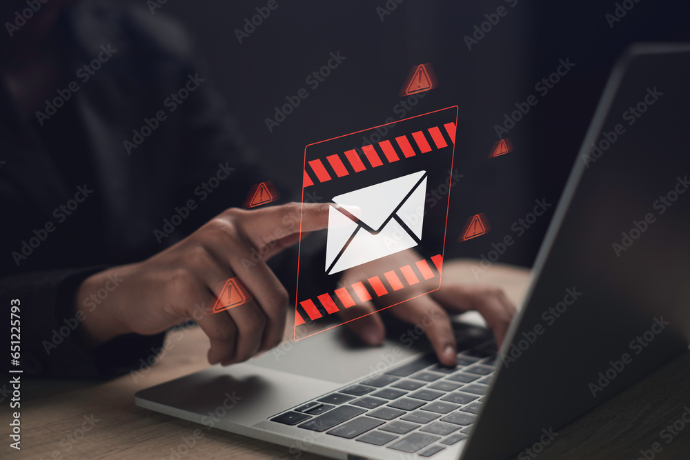 New email spam notification alert with warning caution. Cyber security ...