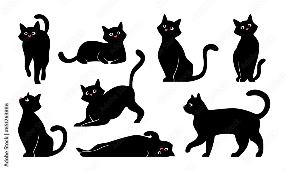 Vector de Stock Variants of cat poses. Vector set of black cat, felines ...