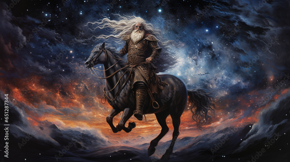 An epic and otherworldly tableau of a powerful Norse god, Odin, riding his eight-legged horse ...