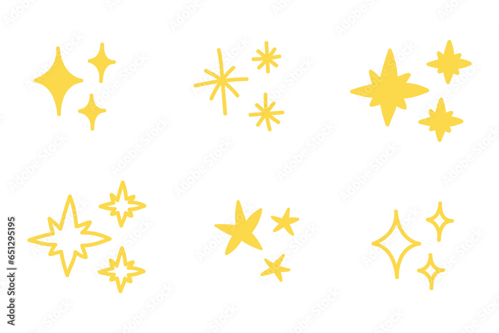 Clipart set of cute kawaii stars isolated on white background. Yellow hand-drawn elements of ...