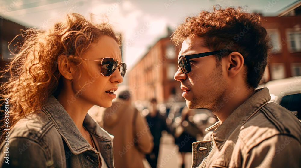 Boyfriend and girlfriend are arguing in the city street. Unhappy, sad ...