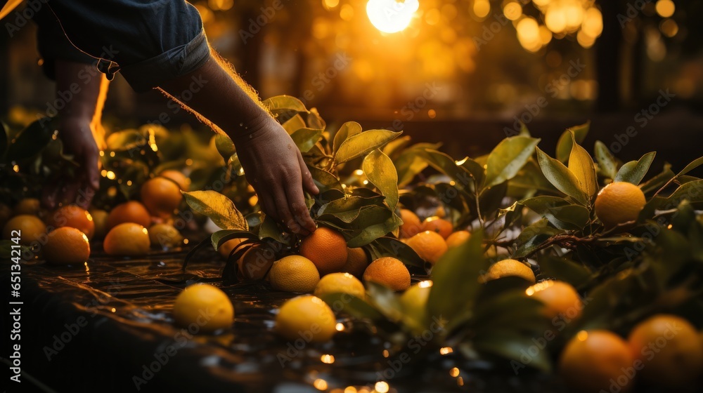 A close-up of oranges being harvested at dawn. You can see the drops of ...