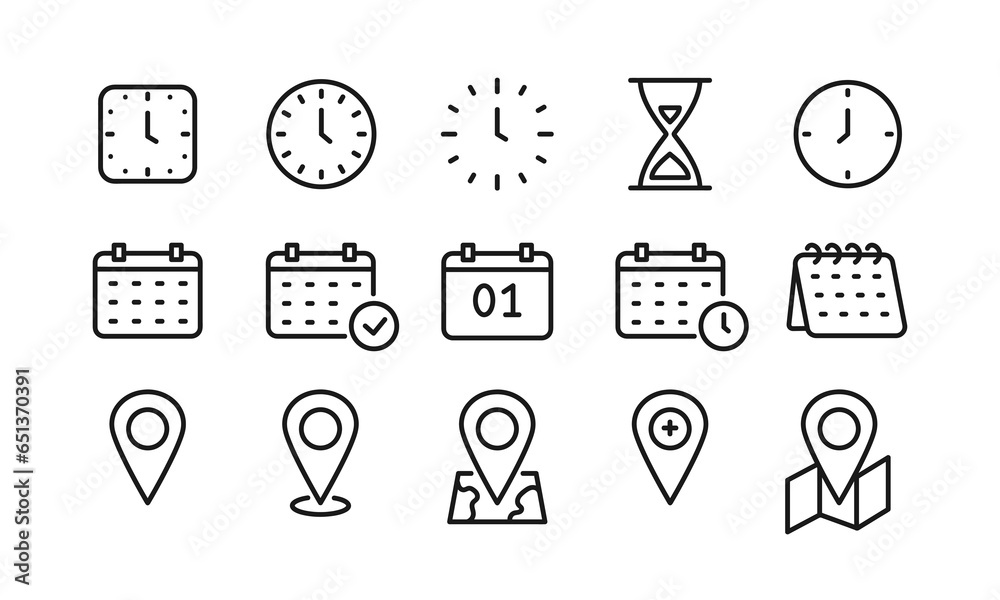 Time, date, and location line icon set with editable stroke. Vector ...
