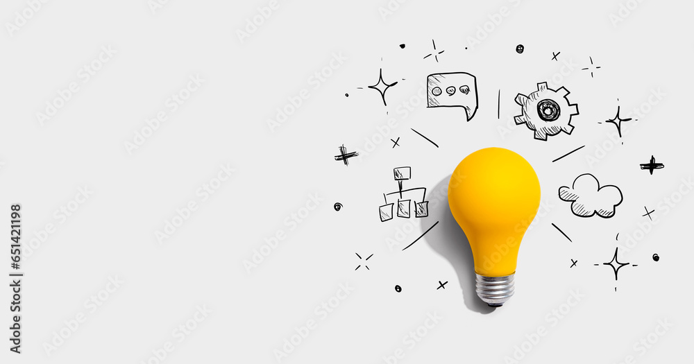 Brainstorming concept with a light bulb - Flat lay Stock Photo | Adobe ...