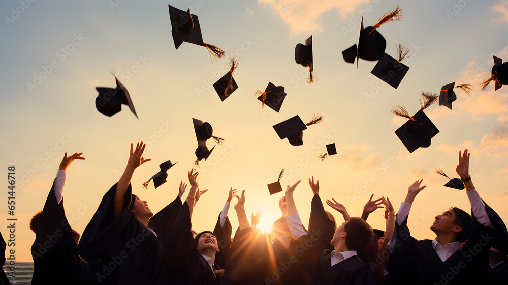 Group of cheerful student throwing graduation hats in the air ...