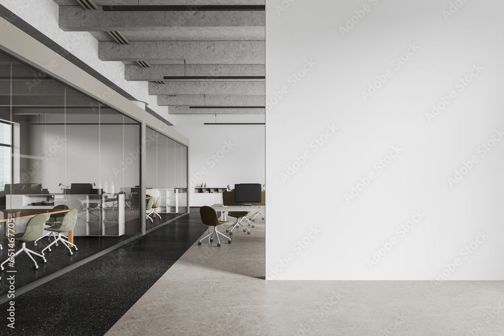 Office coworking interior with workspace and meeting room, mockup wall ...