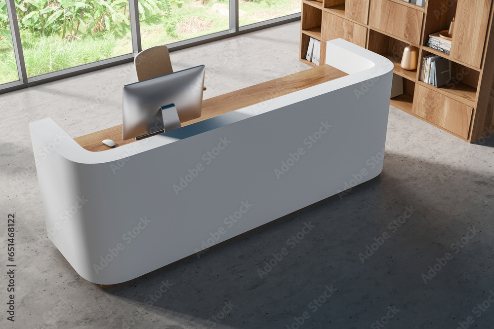 Top view of light office interior reception desk with shelf and window ...