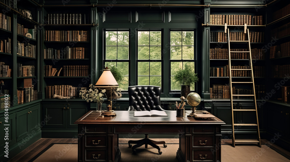 Dark and Moody Interiors: A home office with walls clad in black wooden ...