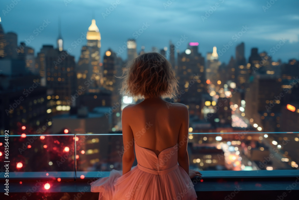 woman overlooking a big city with lights and skyscrapers downtown from ...