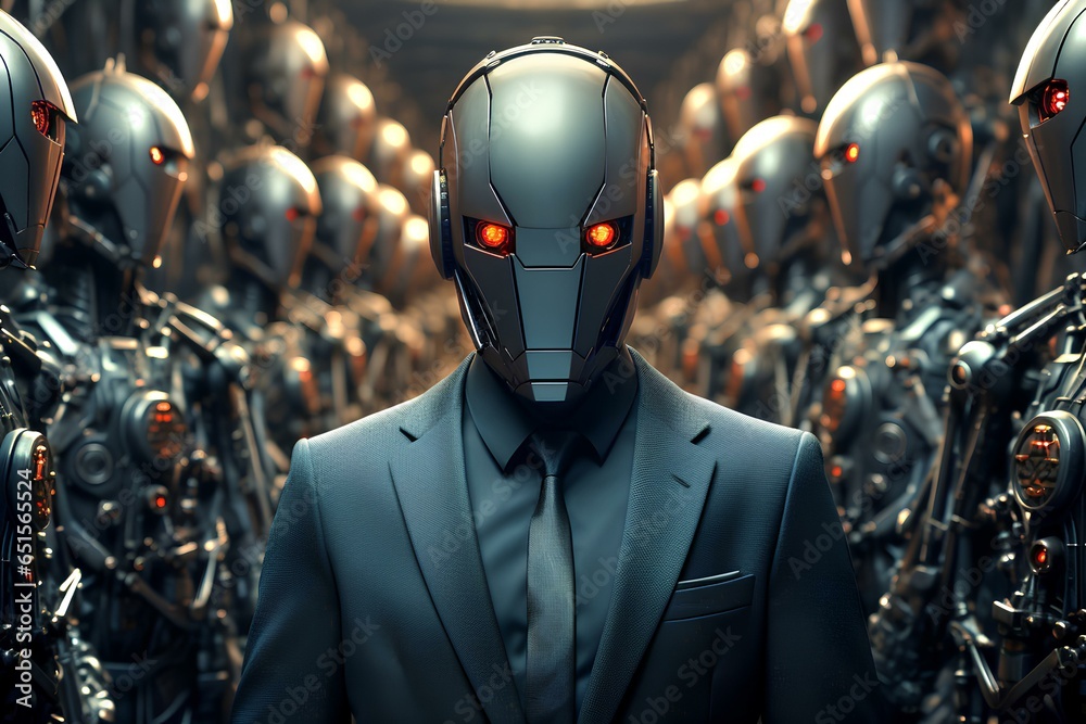 AI robots standing in big hall. Robots replacing humans. Unemployment ...