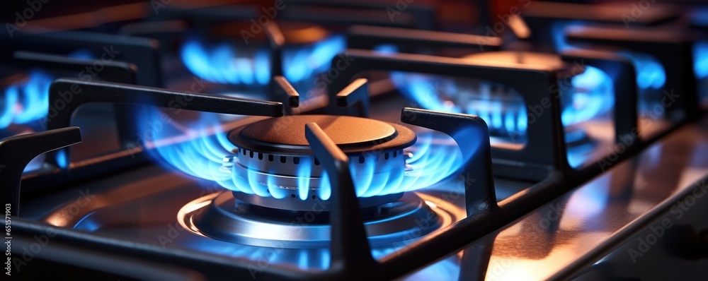 Detail view on kitchen gas cooker with blue flame on while cooking ...