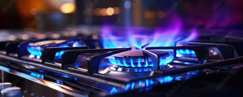 Detail view on kitchen gas cooker with blue flame on while cooking ...