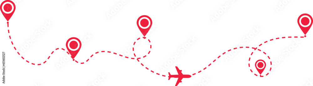 RED airplane path in a dotted line shape. Moving office sign. Map, Home ...