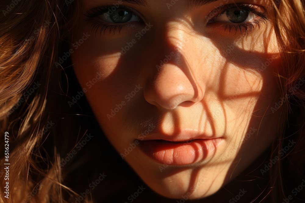 An intimate close-up reveals facial features bathed in the glow of the ...