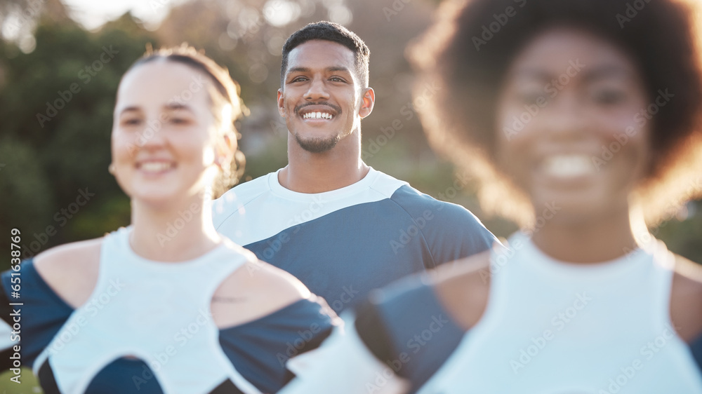 Cheerleader team, happiness and field people ready for sports ...