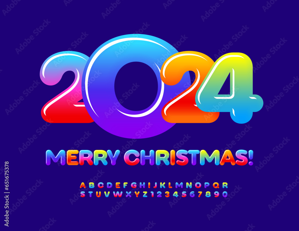 Vector bright Greeting Card Merry Christmas 2024! Glossy colorful Font ...