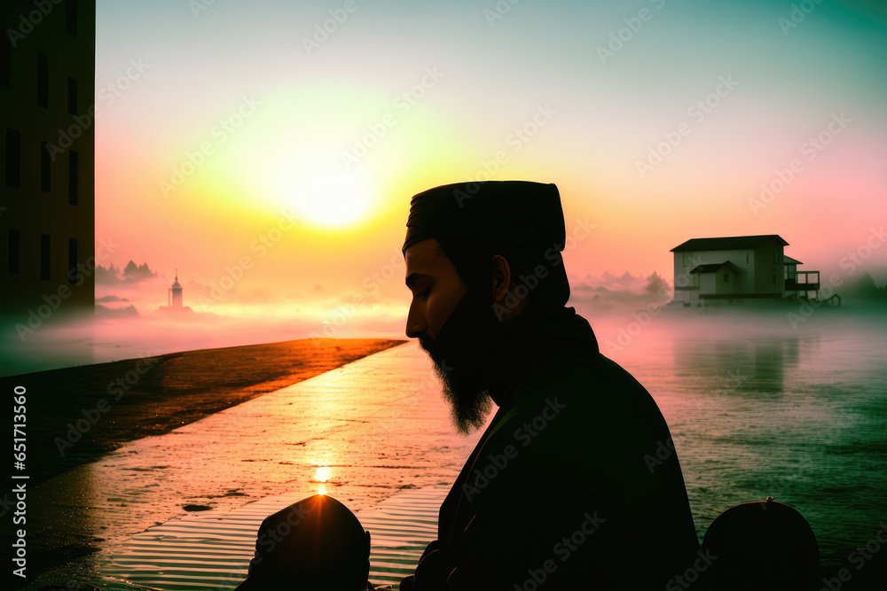 Muslim praying in a mystical environment, silhouette, no face visible ...