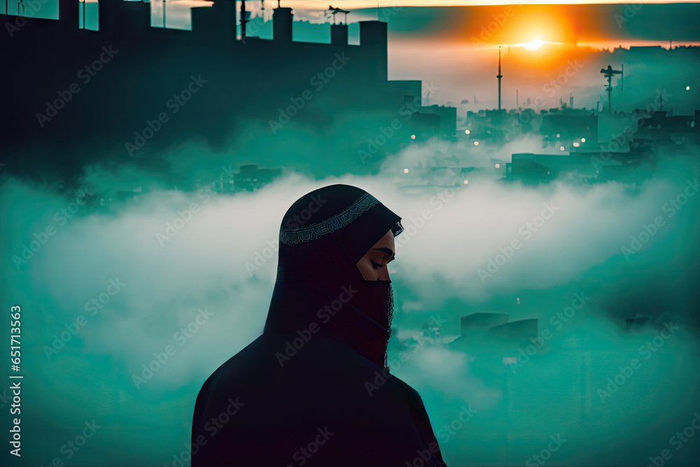 Muslim praying in a mystical environment, silhouette, no face visible ...
