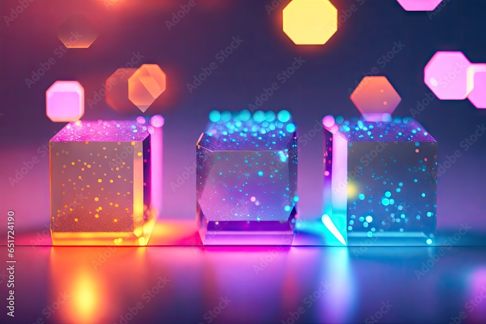 Crystal cubes or blocks with refraction effect of rays in glass. Clear ...