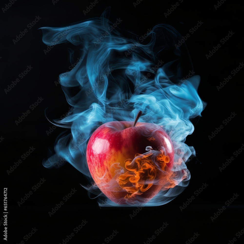 Red apple smoking as if on fire, isolated on black, concept image ...