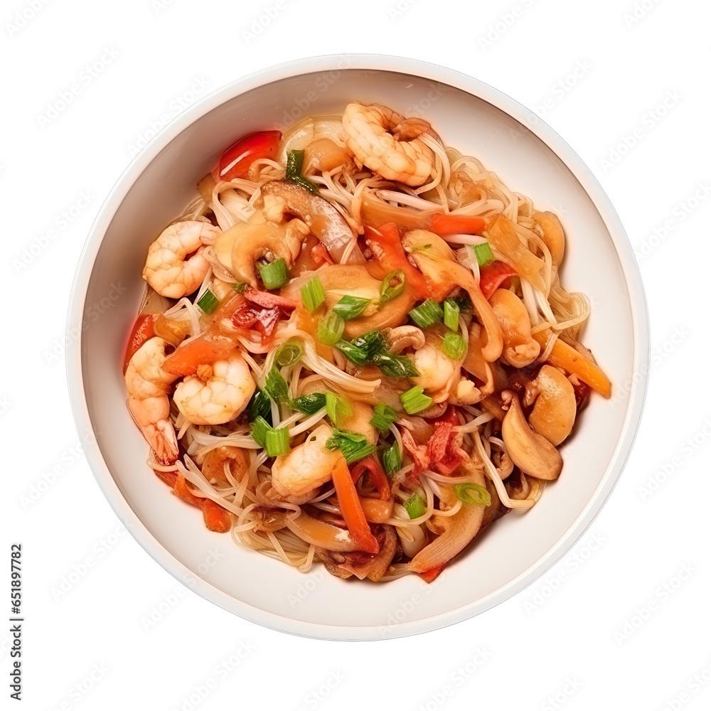 Top view of Thai food Guay Tiew Kua Gai (Stir-Fried Rice Noodles with ...