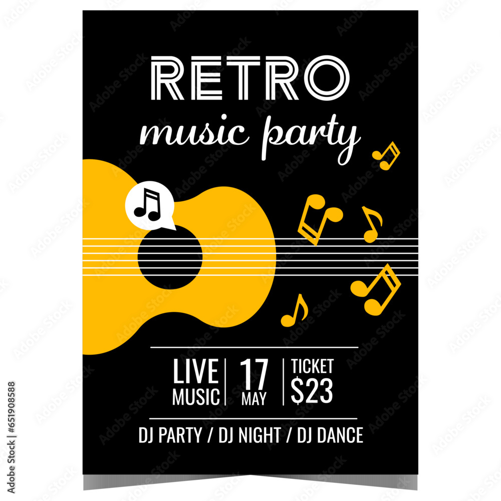 Retro music party poster with yellow guitar and musical notes on black ...