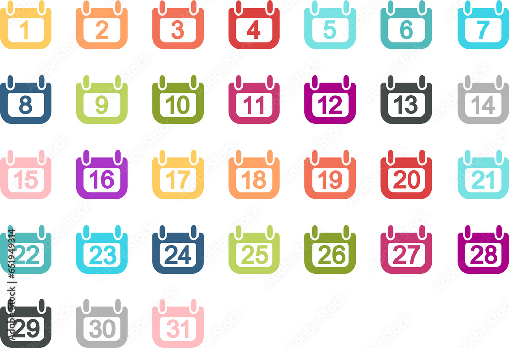 Set of coloured icons of all the dates in a month on a transparent ...