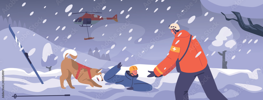 Dedicated Rescuer And His Dog Characters Helping To Skier Stuck In Snow ...