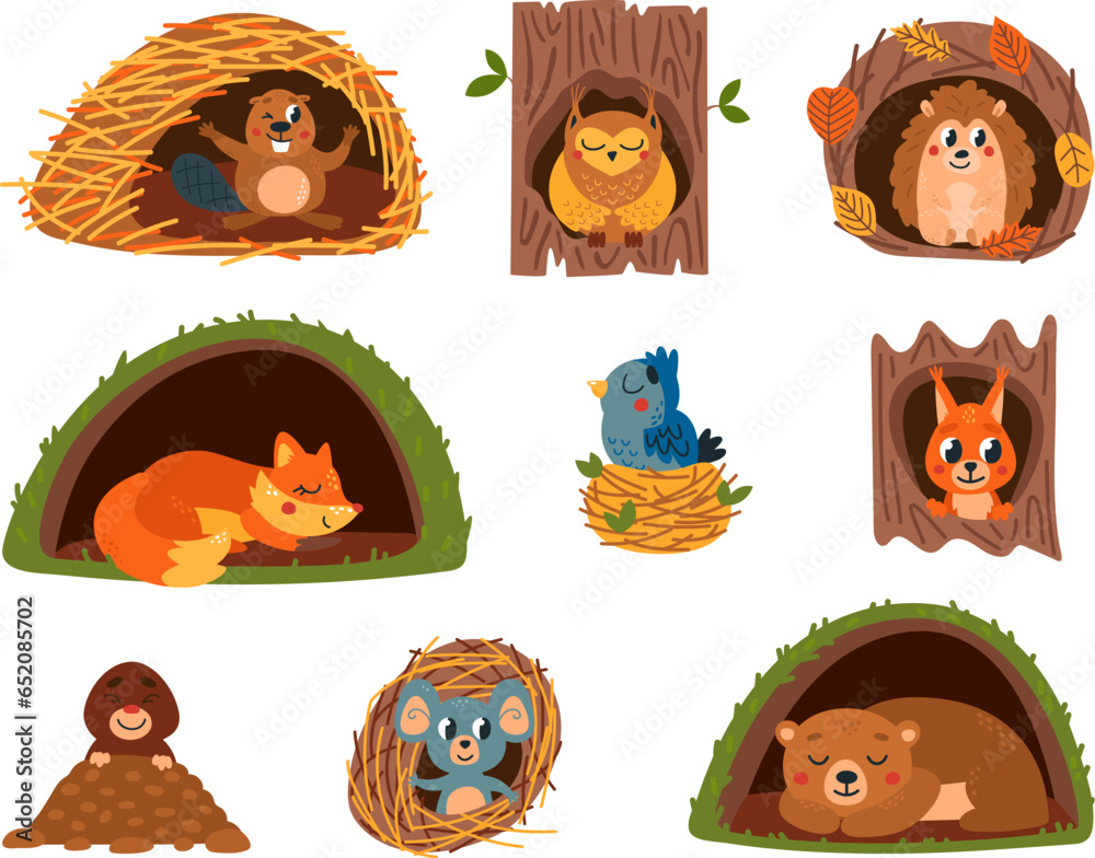 Animals in holes. Animal home, cartoon fox sleep in hole. Shelter in ...